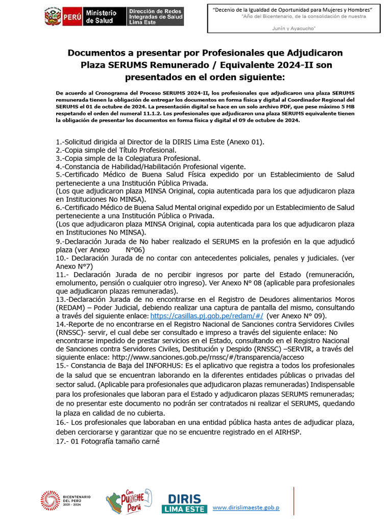 Documentos A Presentar, Solicitud y Anexos Luego de Adjudicar Plaza 2024-Ii | PDF