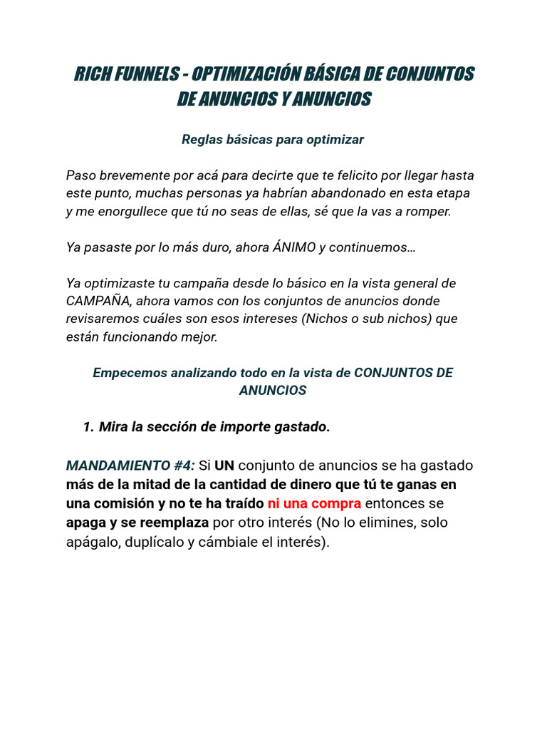 Rich Funnels Optimización Básica de Conjuntos de Anuncios y Anuncios | PDF