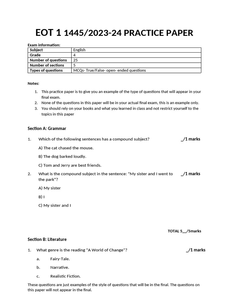 EOT 1 Practice Paper - English G 4 2023-2024 | PDF