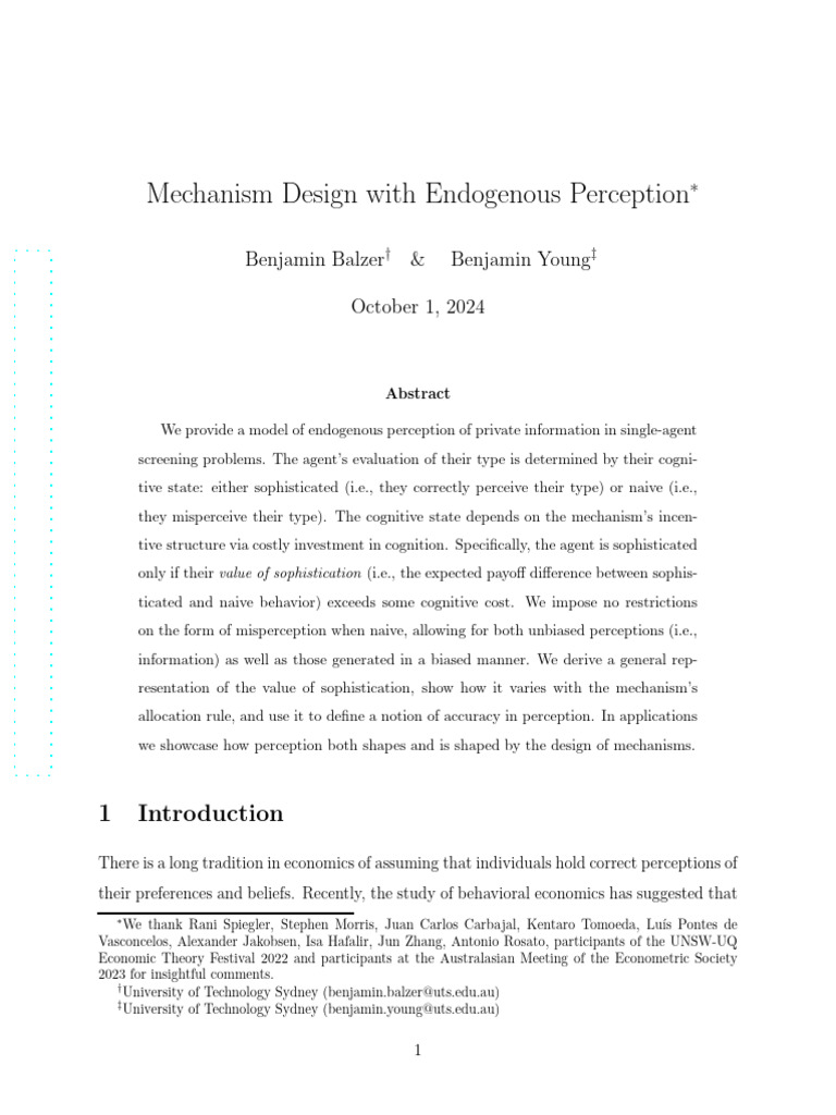Mechanism Design With Endogenous Perception: Benjamin Balzer & Benjamin ...