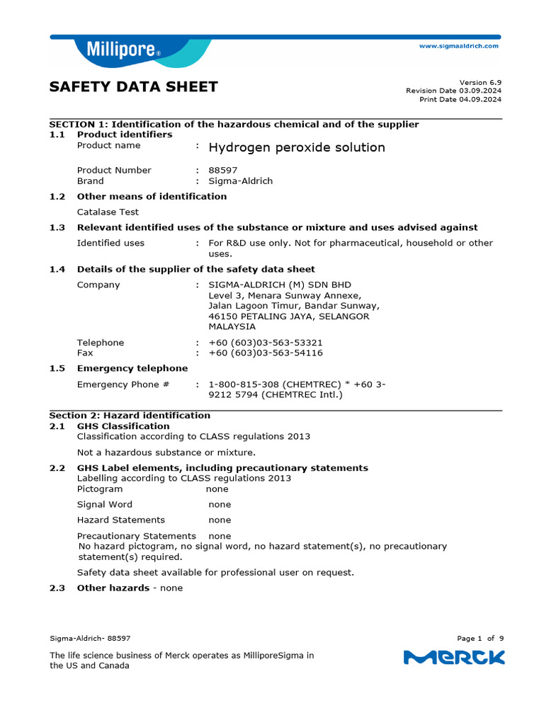Safety Data Sheet: Hydrogen Peroxide Solution | PDF