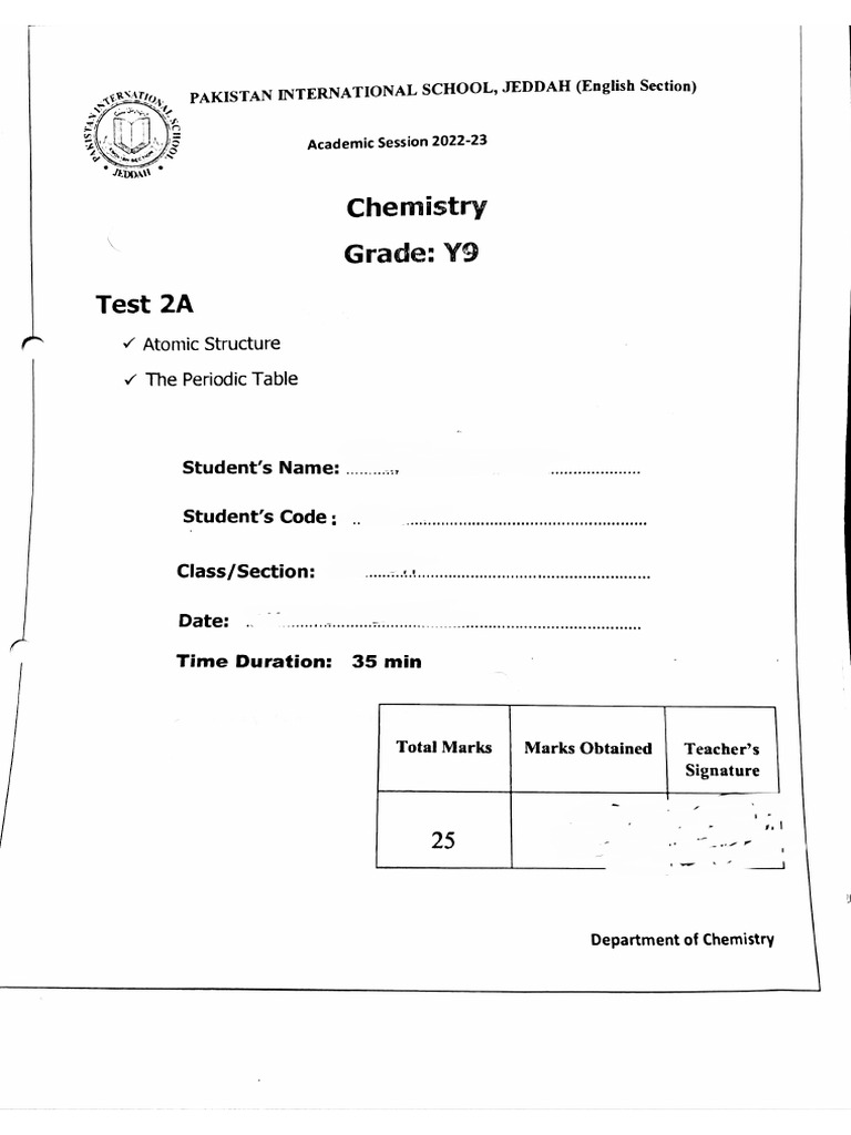 Test 2 Chemistry Y9 2022 U | PDF
