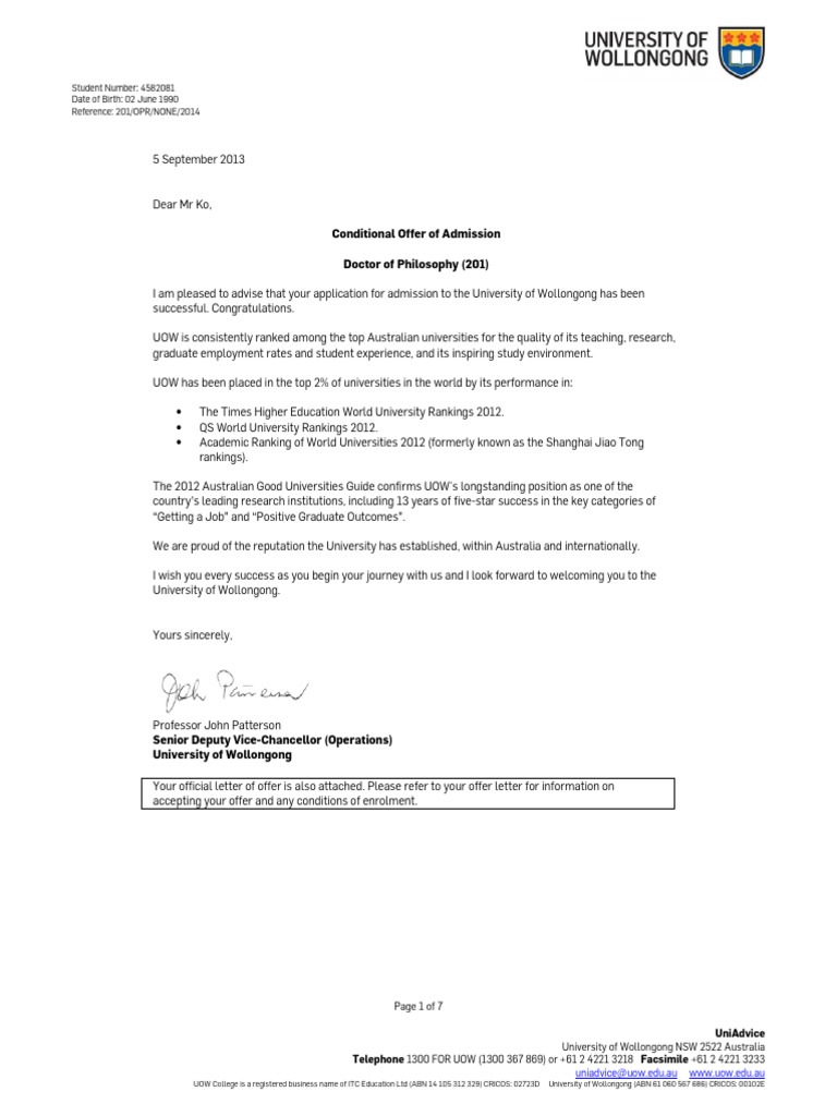 Conditional Offer of Admission Doctor of Philosophy | PDF