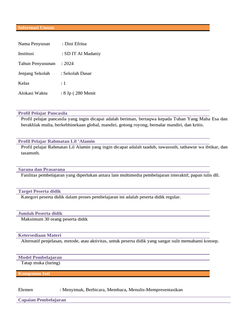 Modul Ajar Kelas Satu Bab Satu-1 | PDF