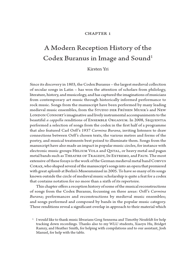 Yri-A Modern Reception History of The Codex Buranus in Image and Sound ...