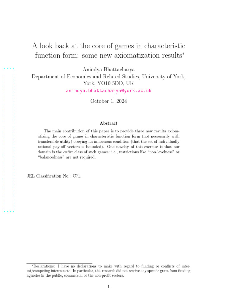 A Look Back at The Core of Games in Characteristic Function Form: Some ...
