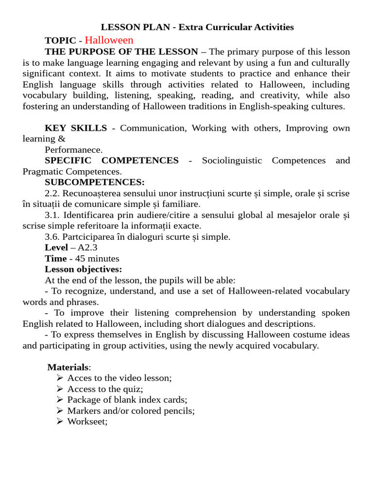 Lesson Plan Extra Curricular | PDF