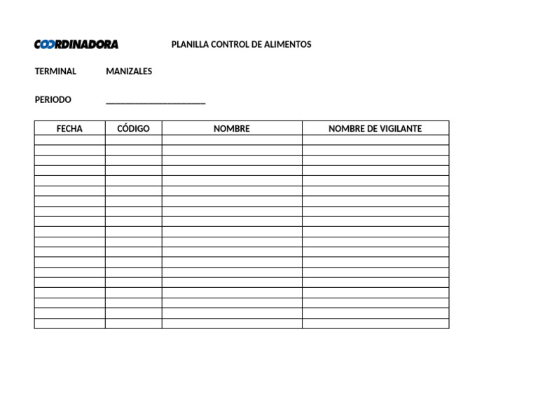 PLANILLA CONTROL DE ALIMENTOS | PDF