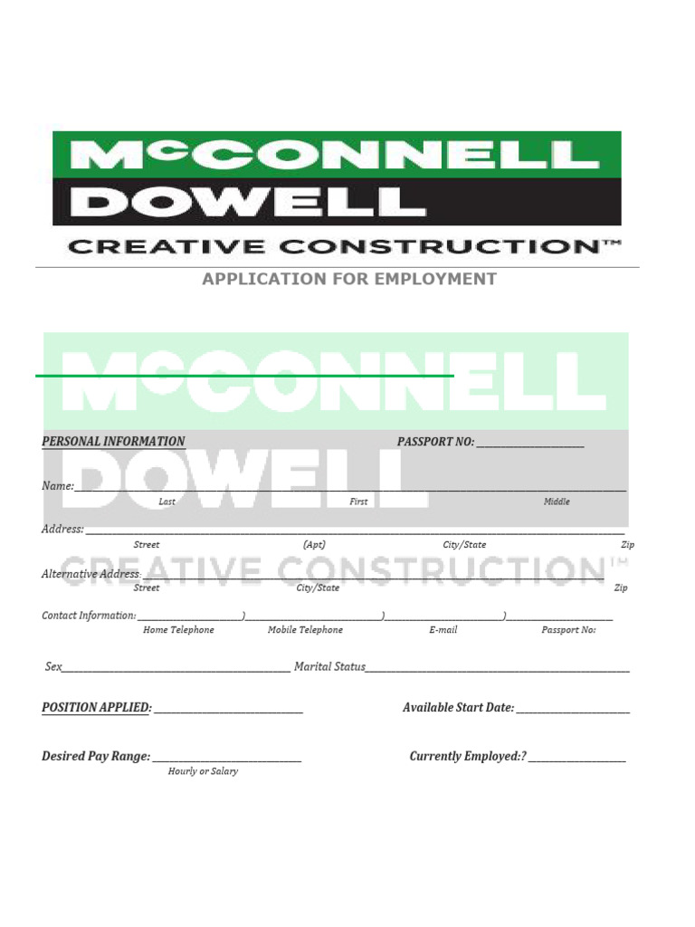 (Mcconnell Dowell Construction) Application Form For Employment | PDF