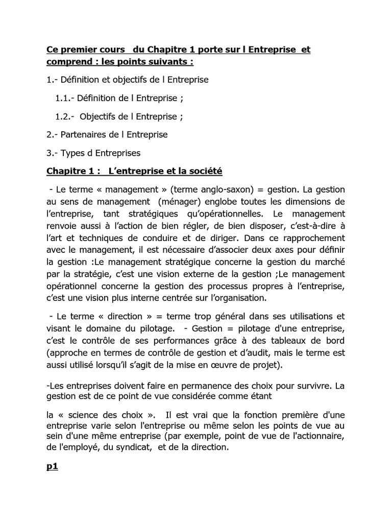 Cours1-Chapitre1-A. L Entreprise | PDF