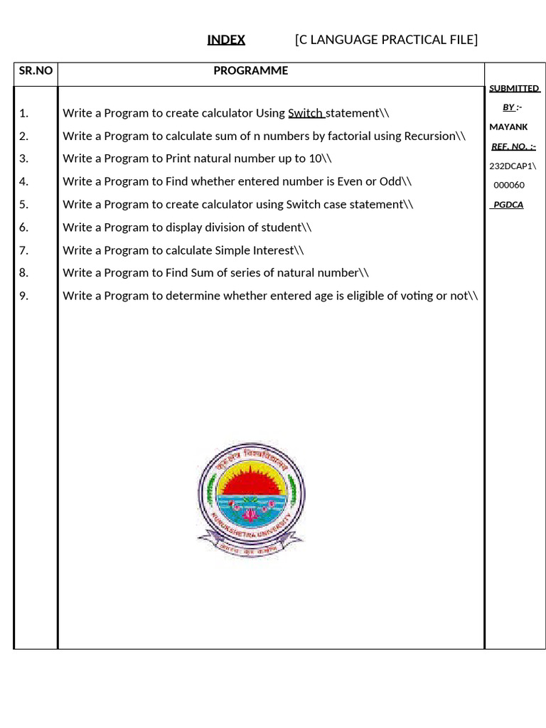 Index: (C Language Practical File) | PDF