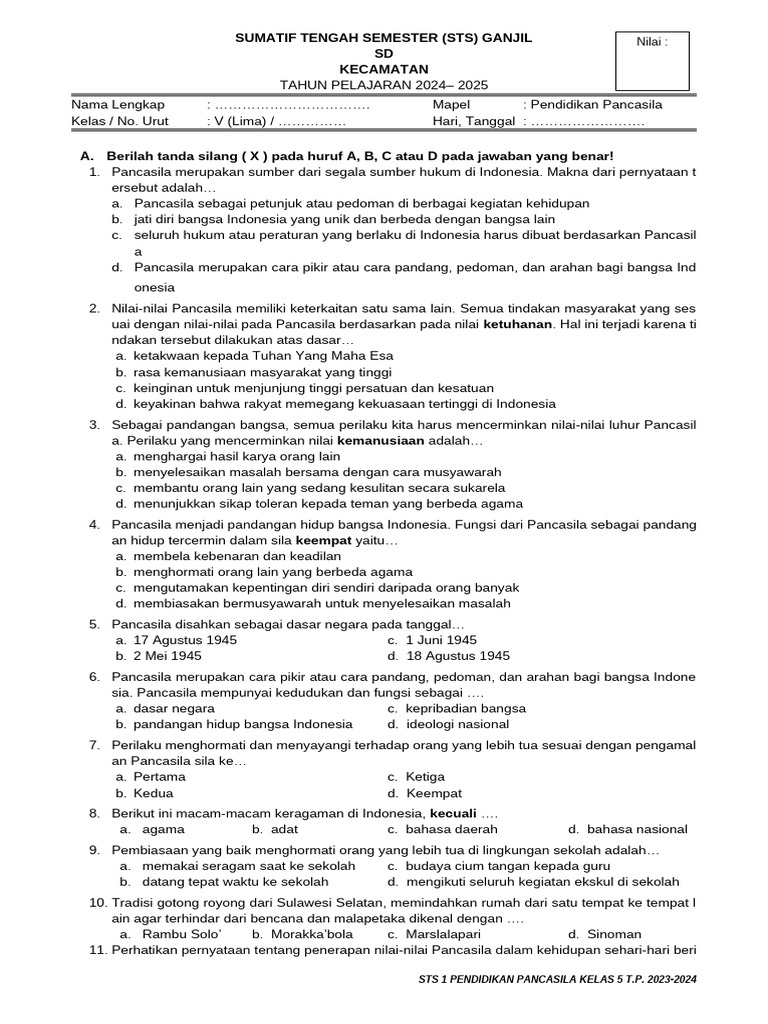 STS 1 Pend. Pancasila Kls 5 2024-2025 | PDF