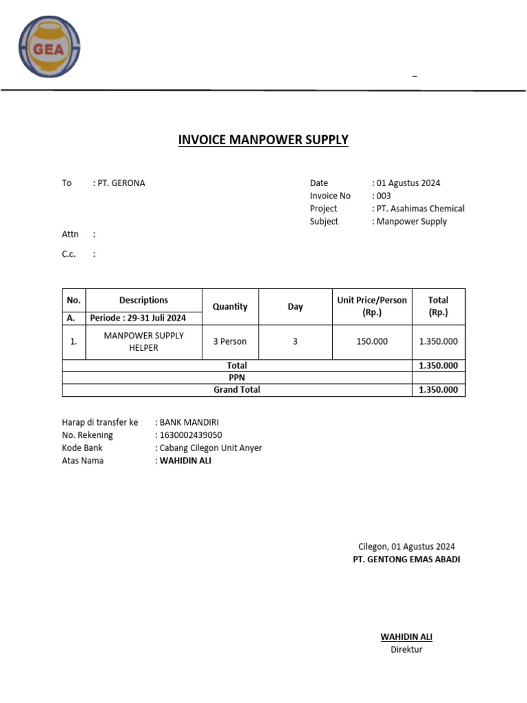 Invoice Manpower Supply Pt. Gentong Emas Abadi 003 | PDF