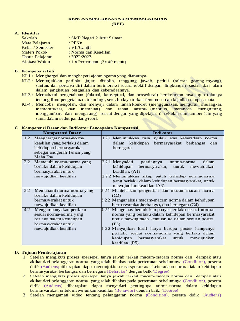 RPP MODEL PJBL: Mapel PPKN Kelas VII | PDF