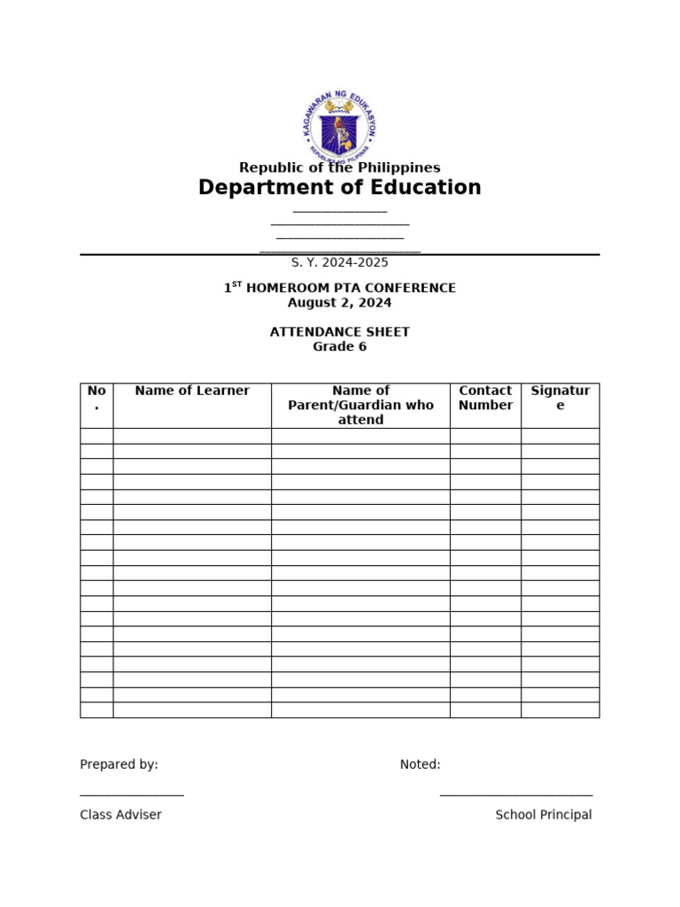 HOMEROOM PTA Attendance Sheet 2024 | PDF
