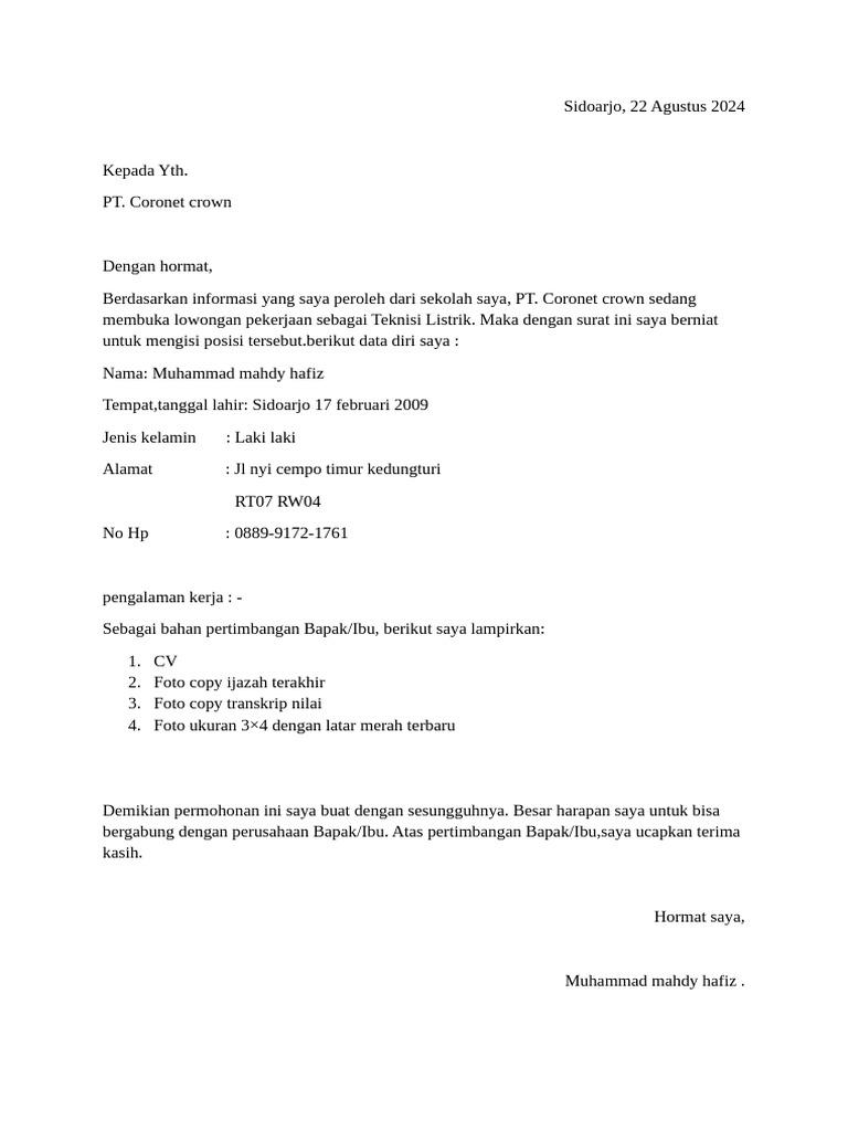 Surat Lamaran (M Mahdy Hafiz) | PDF