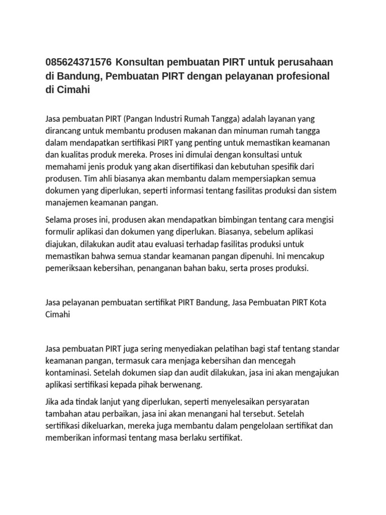 Jasa Pembuatan Sertifikat PIRT Bandung | PDF