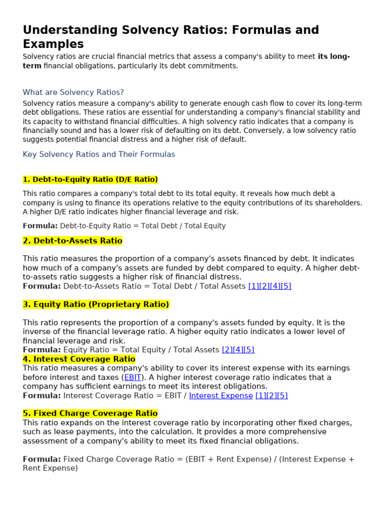 Solvency Ratios: Formulas and Examples | PDF | Market Liquidity | Debt