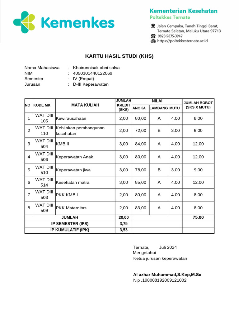 Format Kartu Hasil Studi (KHS) | PDF