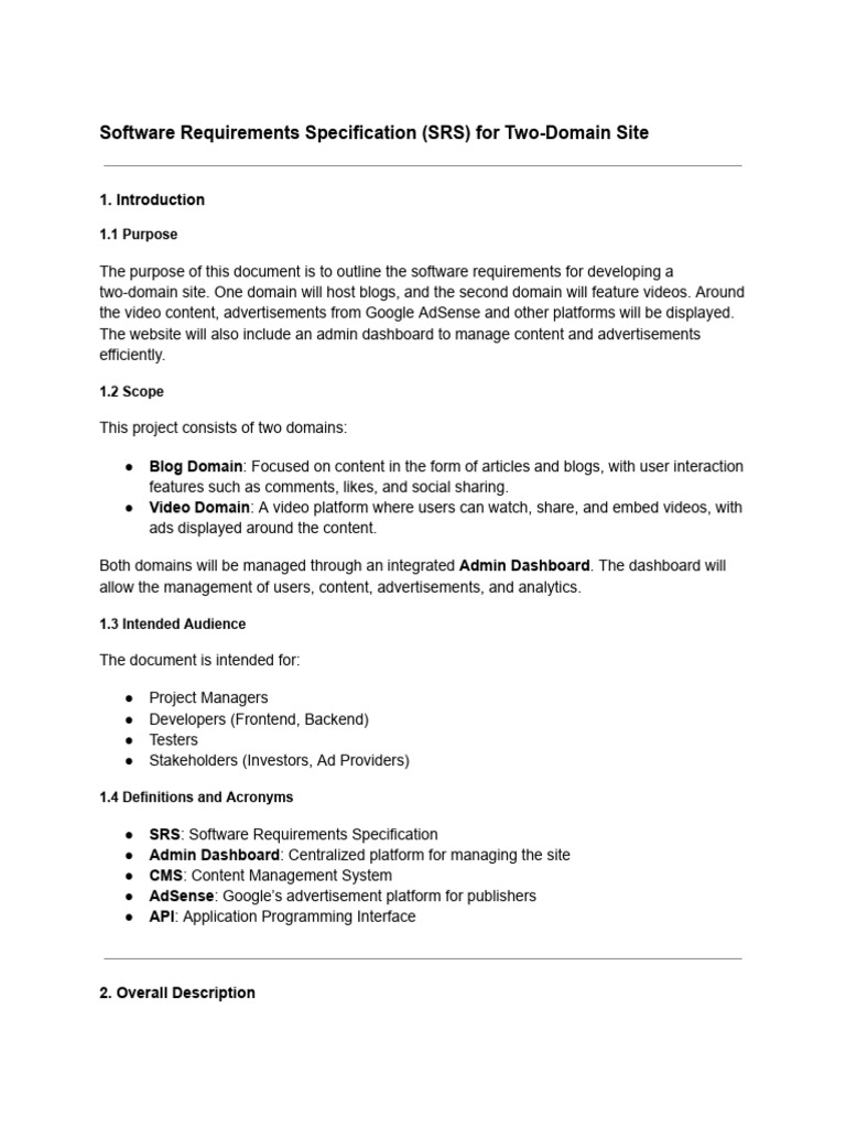 Software Requirements Specification (SRS) For Two-Domain Site | PDF