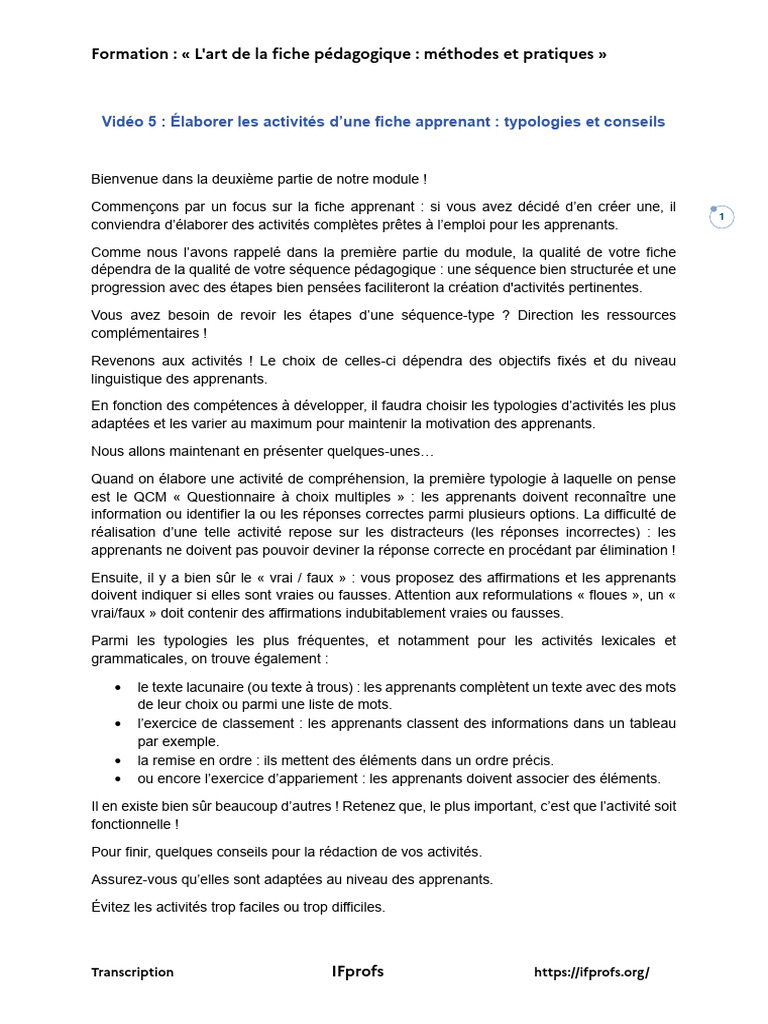 5 Élaborer Les Activités D'une Fiche Apprenant Typologies Et Conseils | PDF
