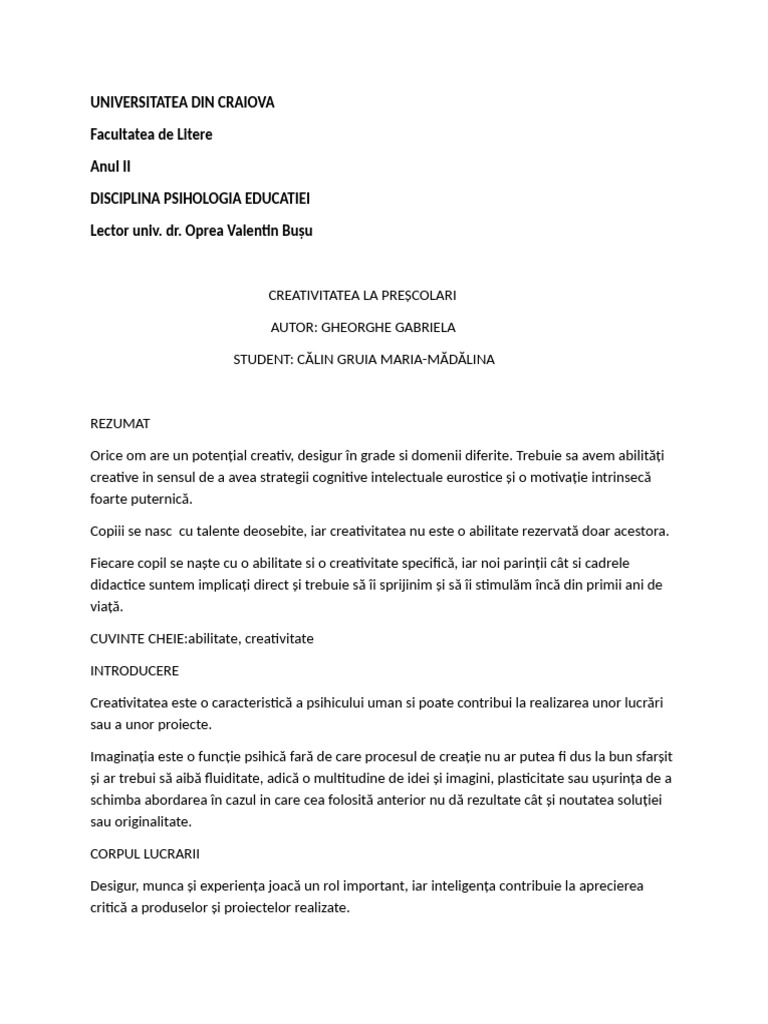 CREATIVITATEA LA PRESCOLARI | PDF