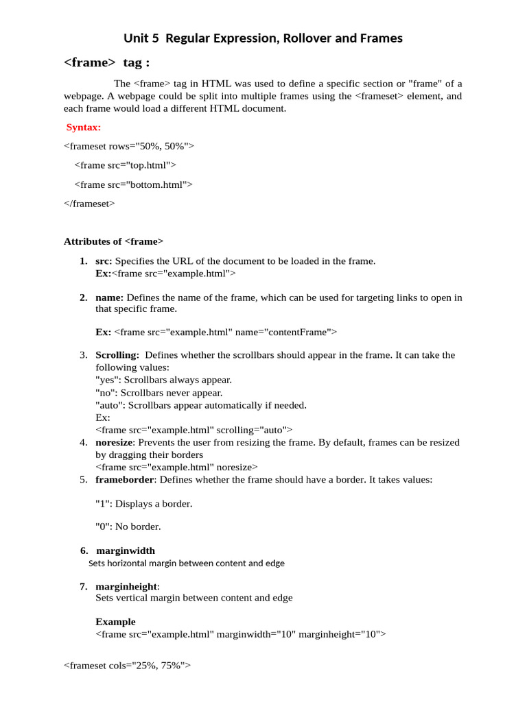 Regular Expression, Rollover and Frames Unit 5 | PDF