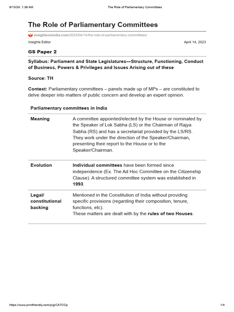 The Role of Parliamentary Committees | PDF