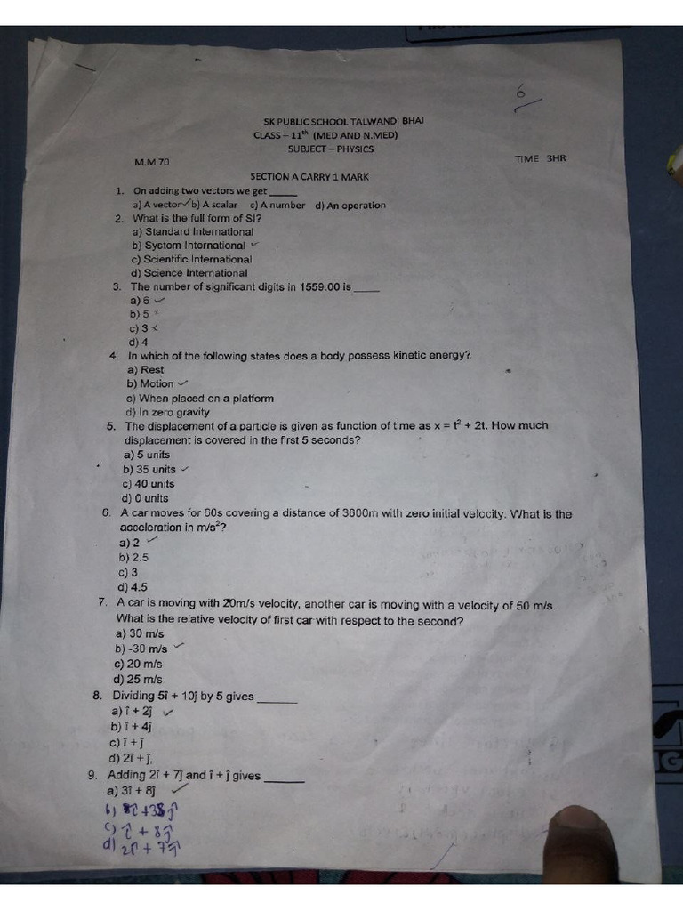 Physics Mid Term Paper Class 11 SK Public School | PDF