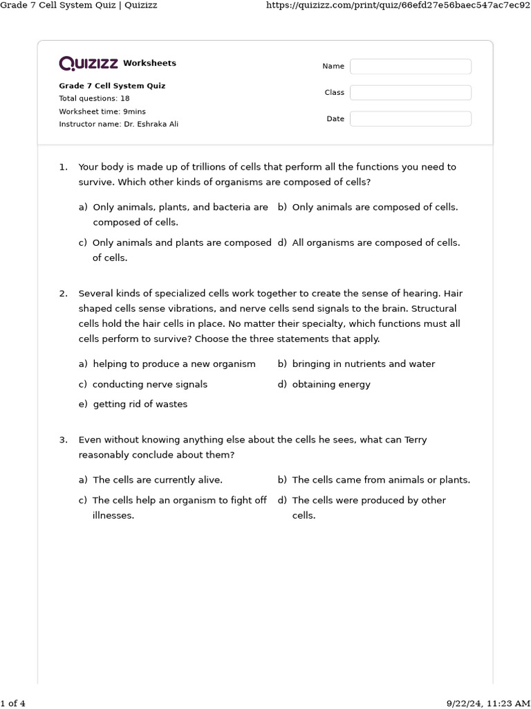 Grade 7 Cell System Quiz - Quizizz | PDF