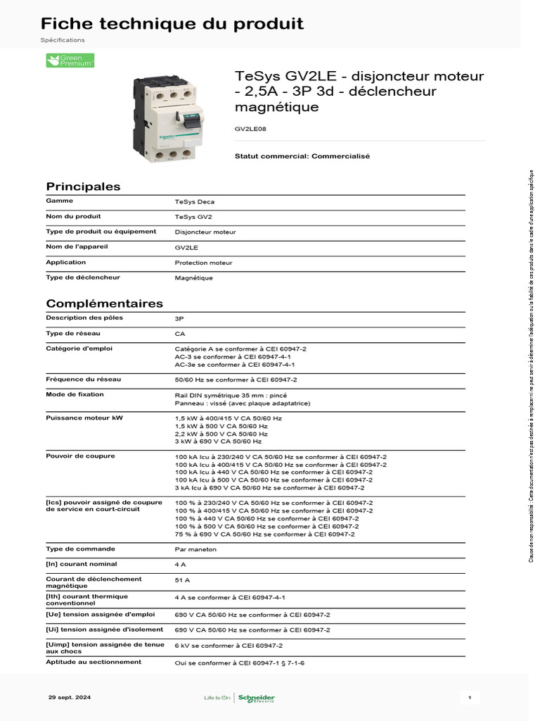 Schneider Electric - TeSys-Deca-GV2-Disjoncteur-Moteur - GV2LE08 | PDF