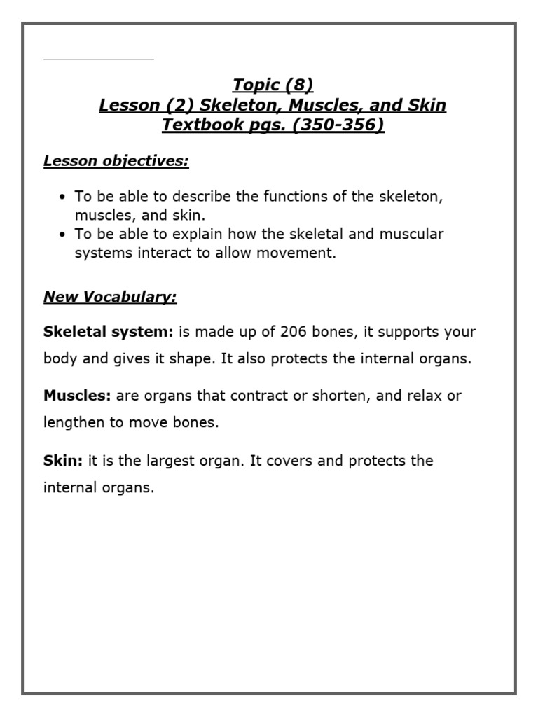 Topic 8 lesson 2 skeleton, muscle,skin booklet model ans. | PDF