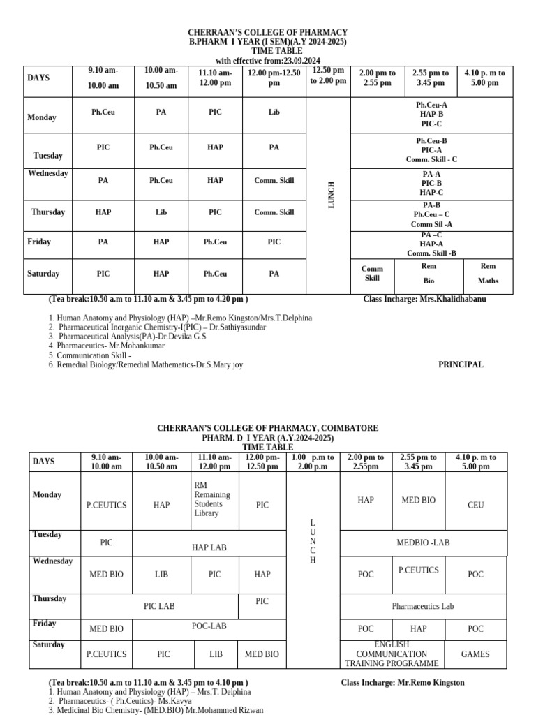 Updated B.PHARM PHARM.D TIME TABE 23.09.2024 | PDF