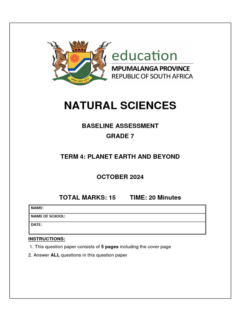 Grade 7 Term 4 Baseline Assessment QP 2024-1 | PDF