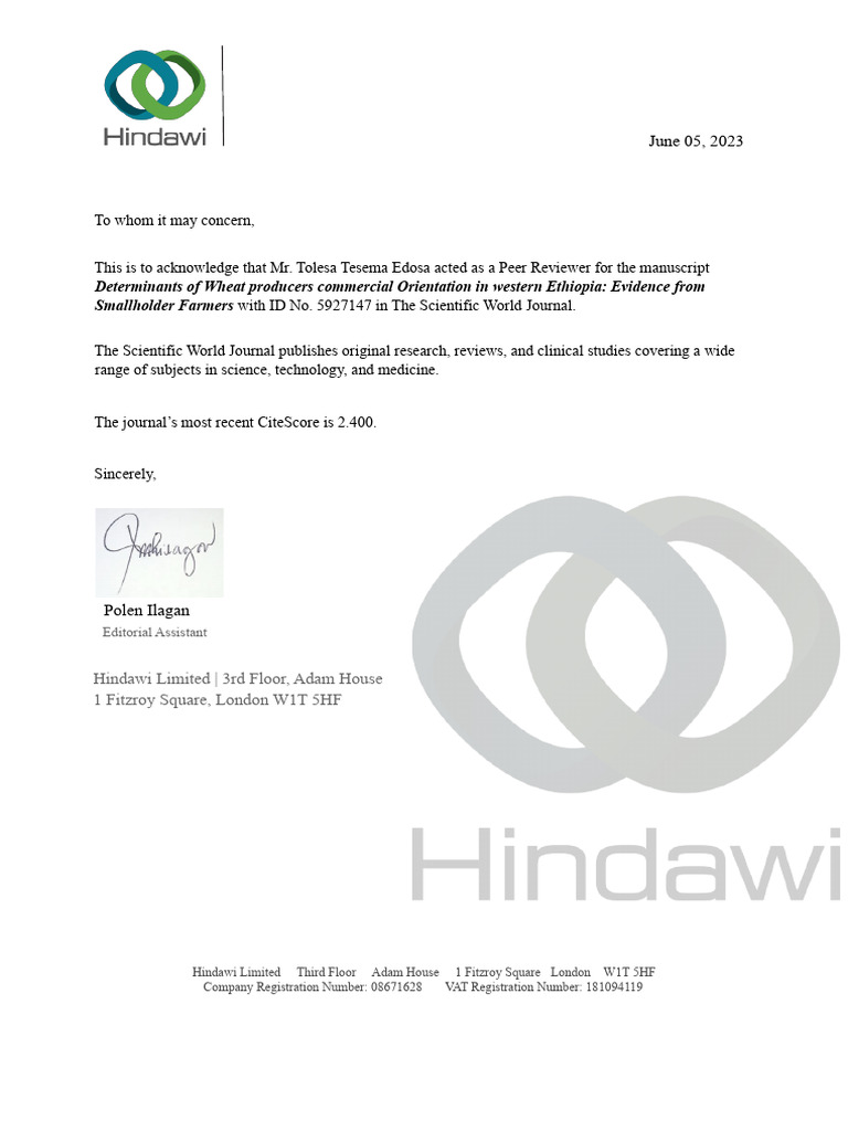 The Scientific World Journal-Reviewer Certificate-Mr. Tolesa Tesema ...