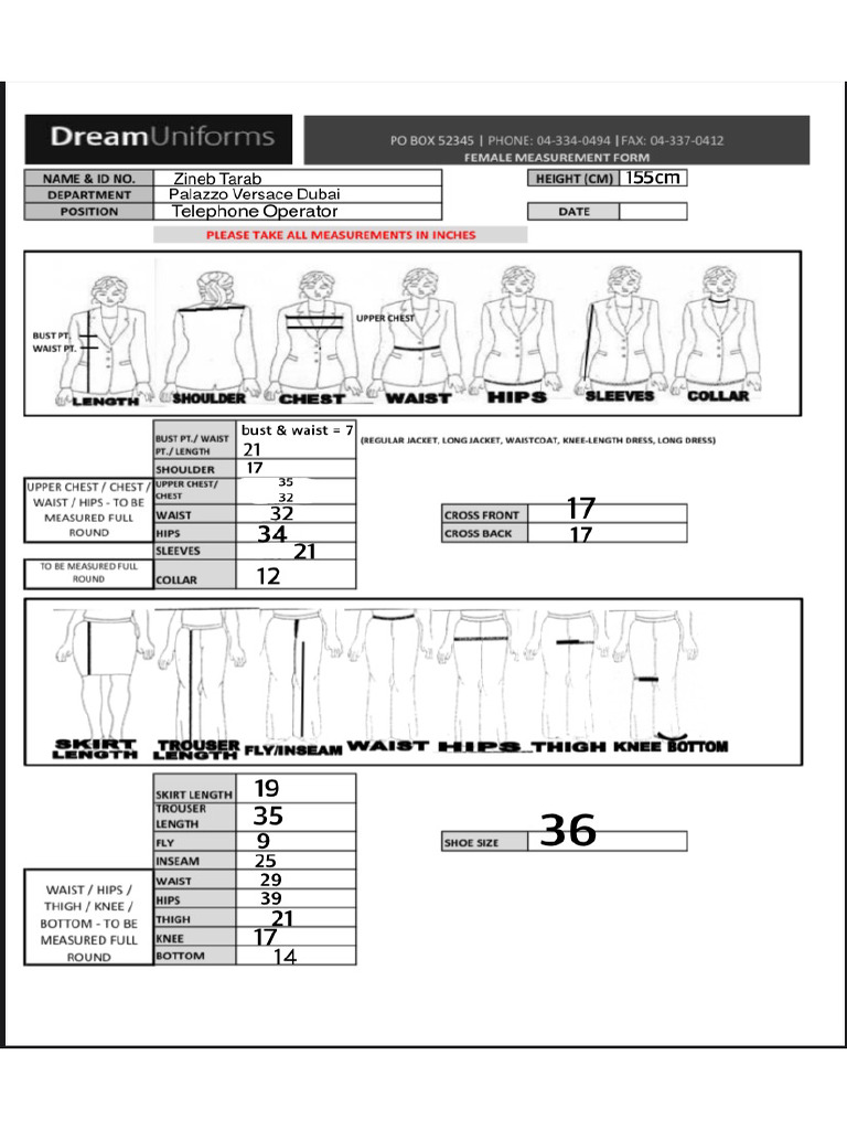 Uniform Measurement - Female- Zineb | PDF