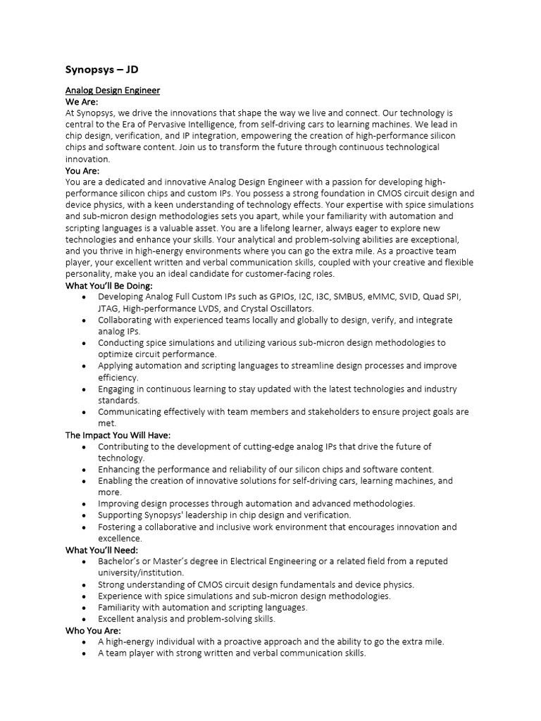 Synopsys - JD - 2025 Batch | PDF