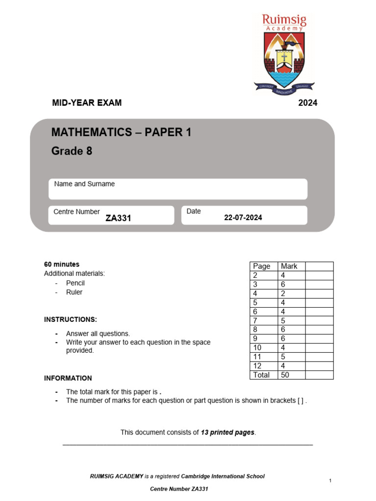 P1 - Math Grade 8 Term 2 | PDF