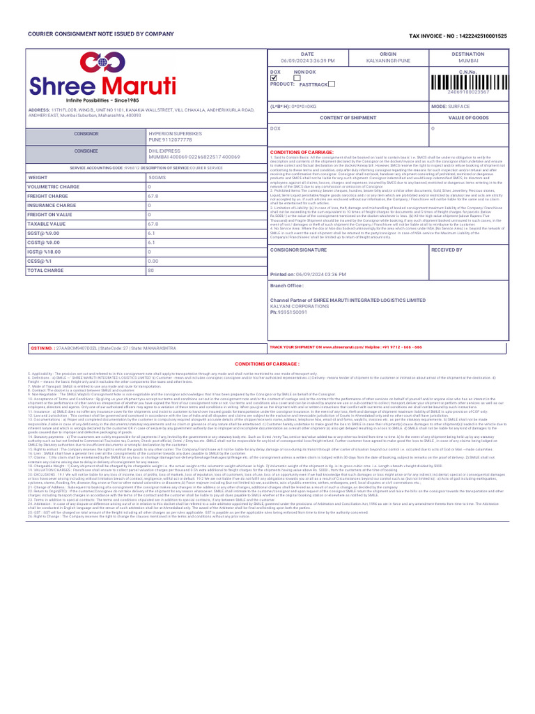 06/09/2024 3:36:39 PM Kalyaningr-Pune Mumbai: Courier Consignment Note ...