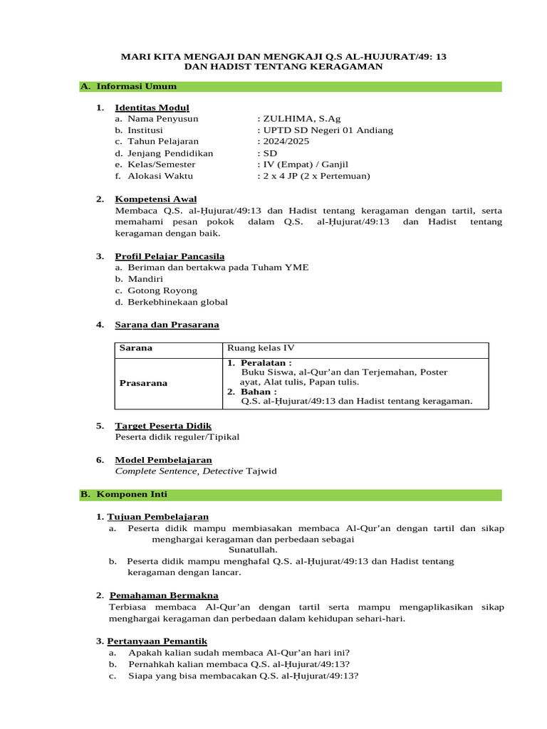 QS Alhujurat LKPD | PDF