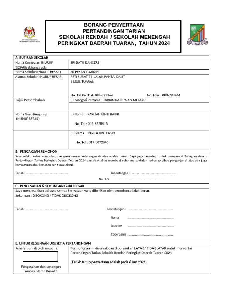 BORANG PENYERTAAN TARIAN | PDF