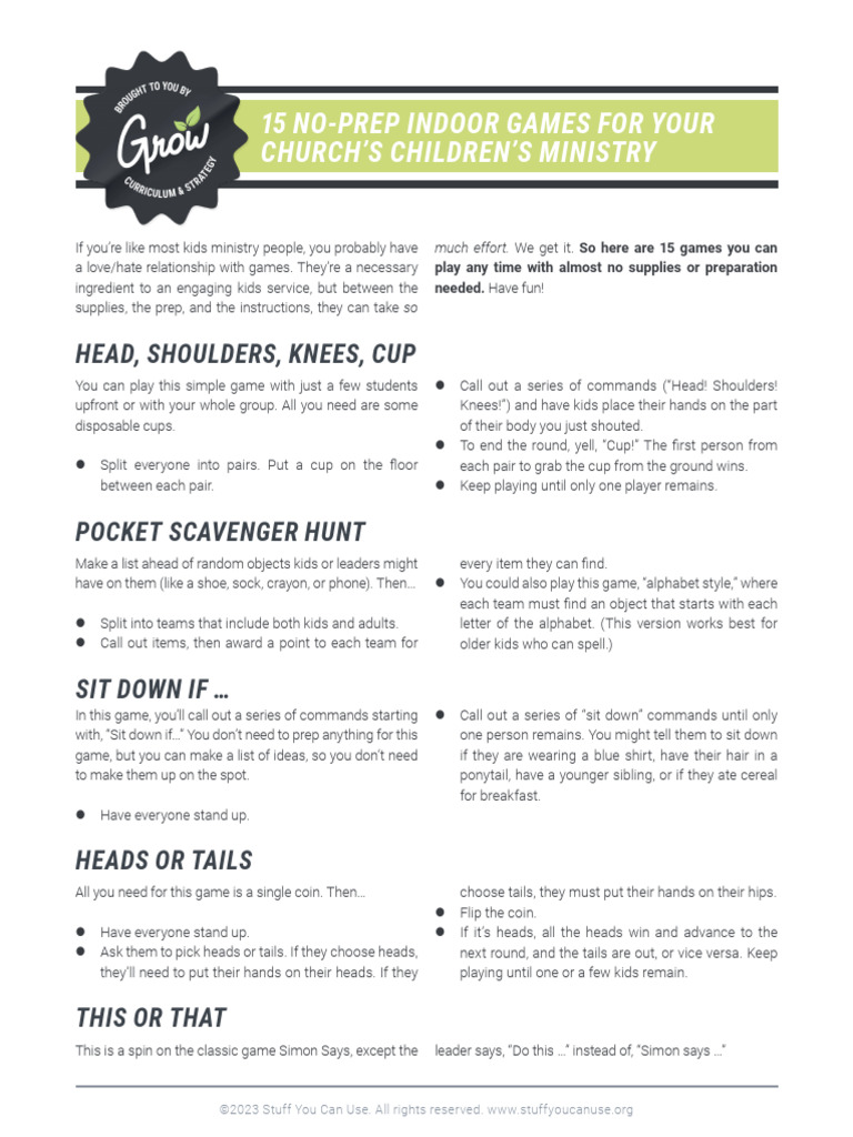 No-Prep Indoor Games for Kids' Ministry | PDF | Games & Activities ...