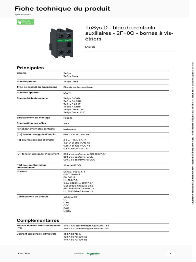 Schneider Electric - TeSys-D - LADN20 | PDF