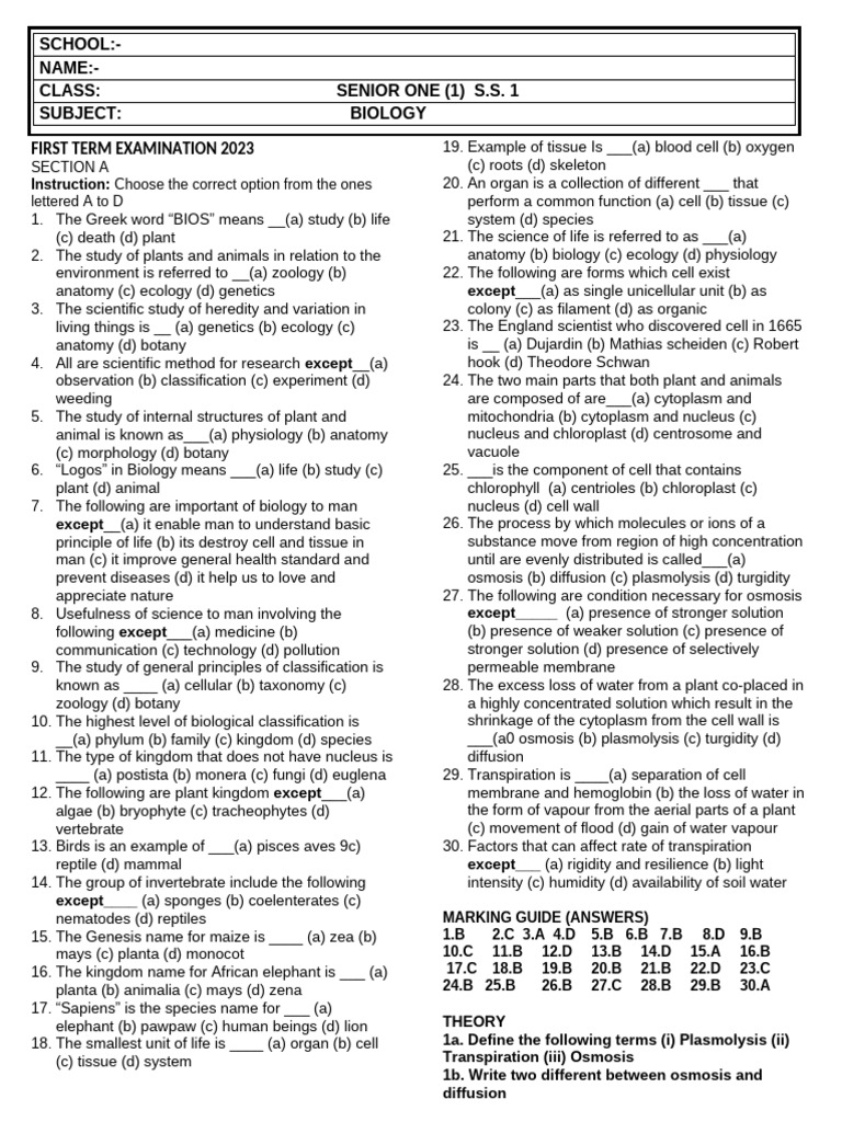 Biology SS1 First Term Examination 2024 | PDF