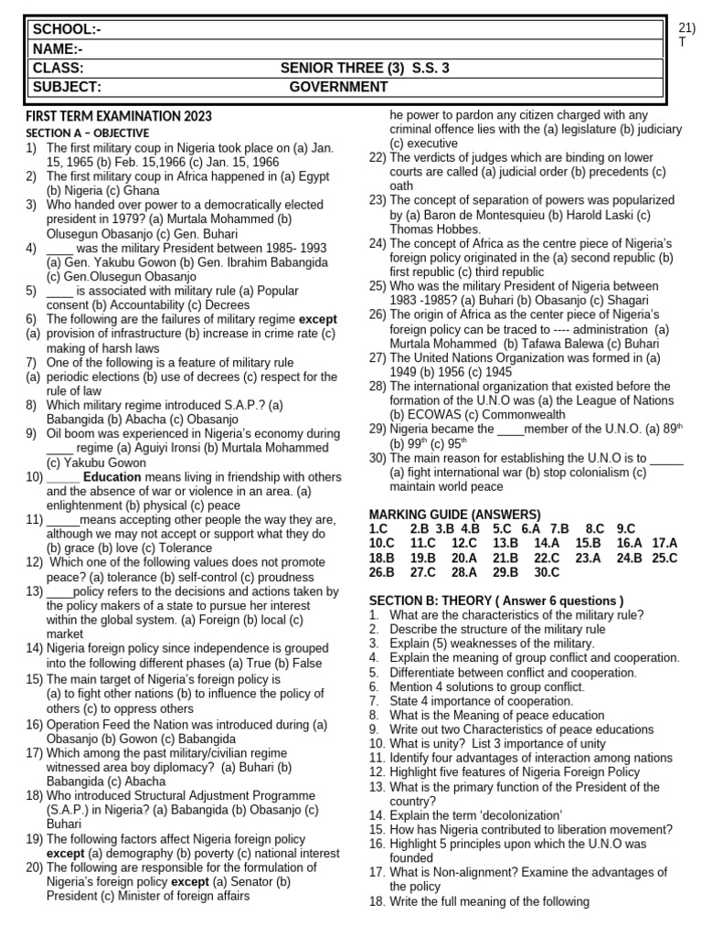 Government SS3 Exam 1ST Term | PDF