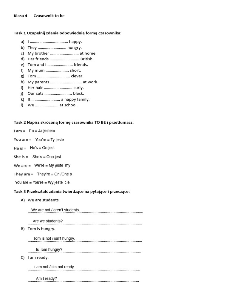 CZASOWNIK TO BE Klasa 4 | PDF