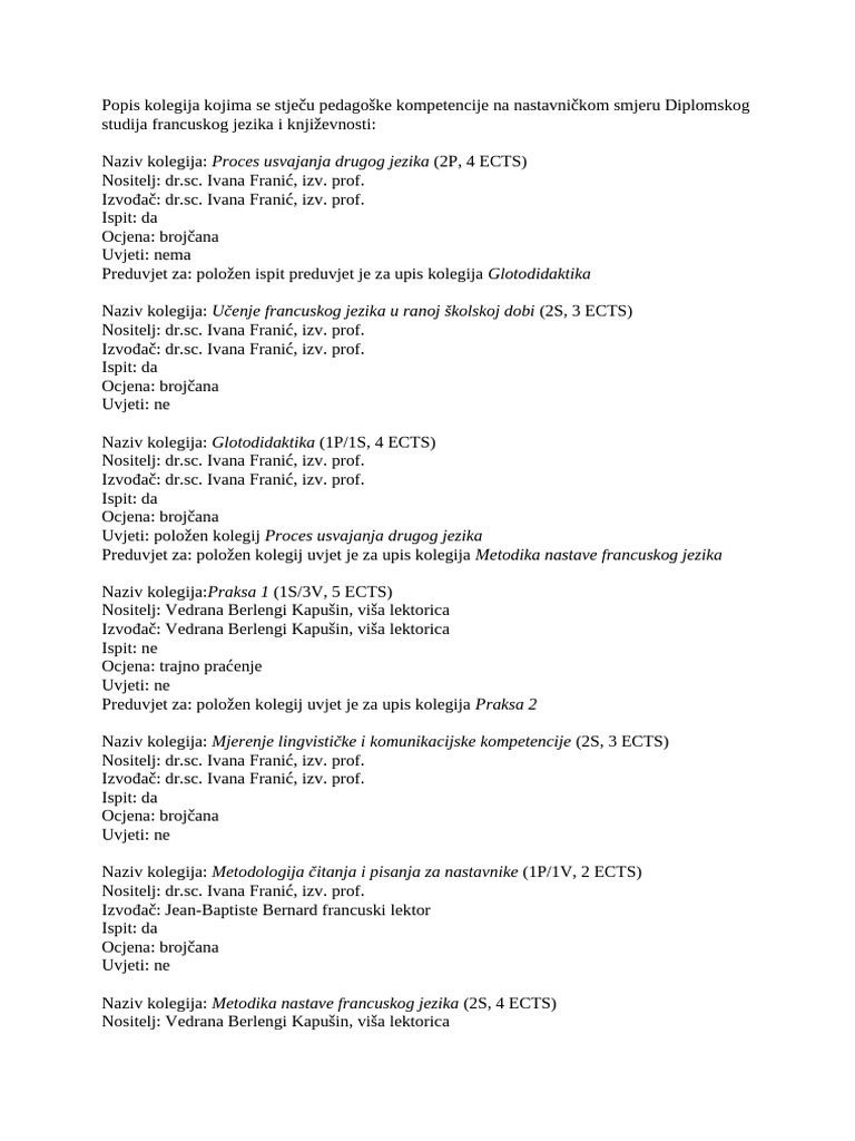 Popis Kolegija Kojima Se Stječu Pedagoške Kompetencije | PDF