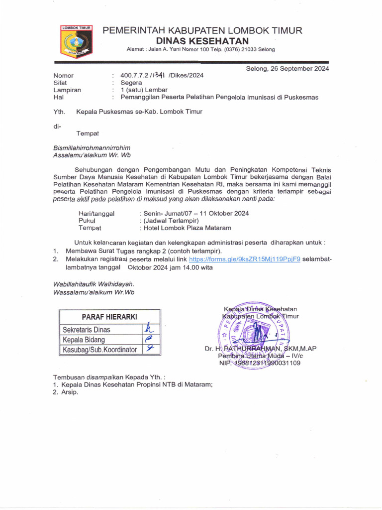 Surat Pemanggilan Peserta Pelatihan Imunisasi 2024 | PDF