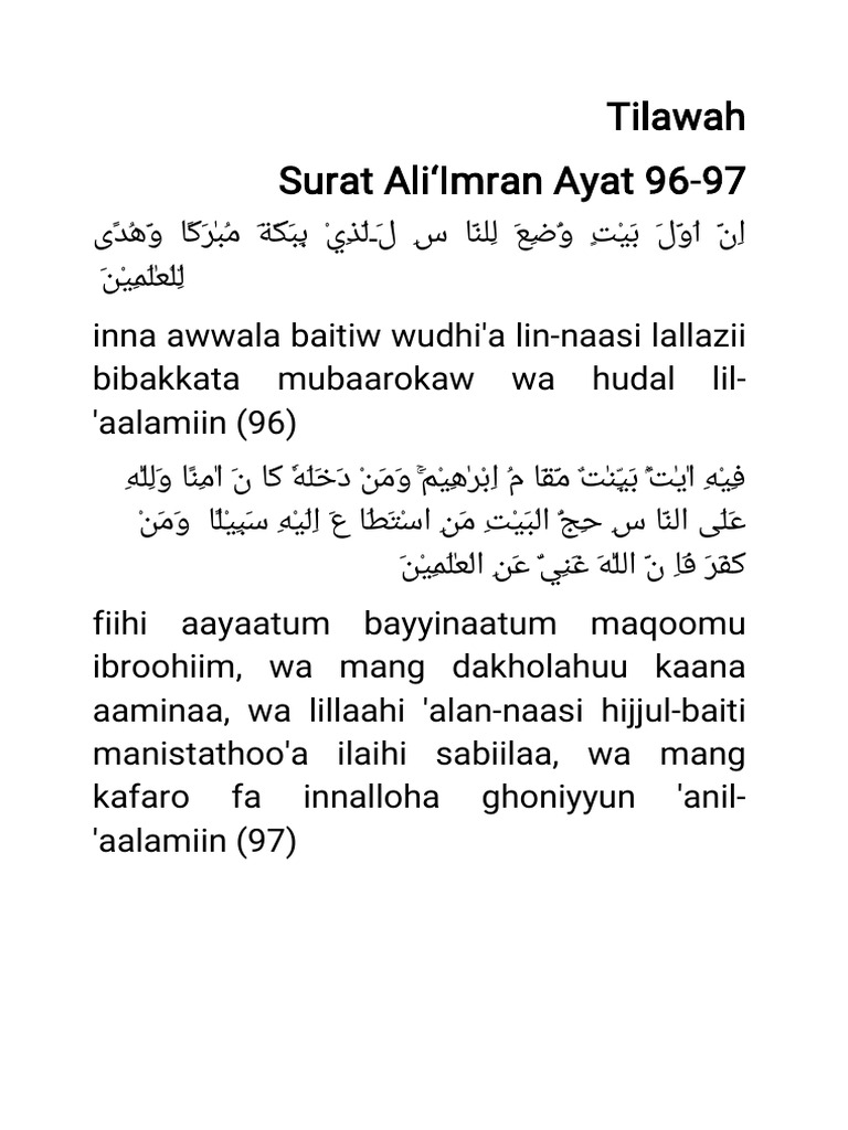Teks Sartil Ali Imran Ayat 96-97 | PDF