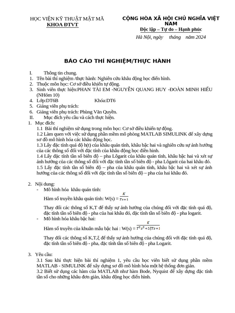 Báo Cáo TH - CSĐKTĐ - Bai1 - Nhom10 | PDF